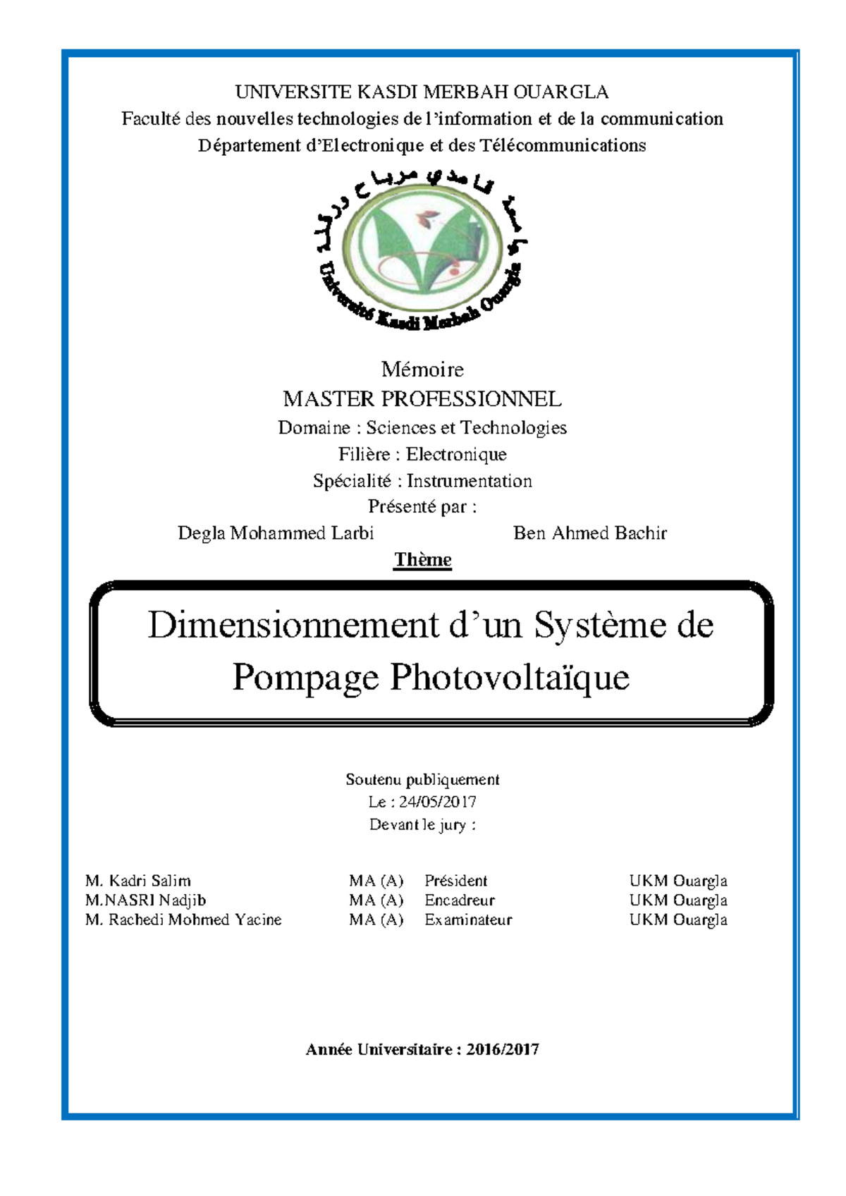 Dimensionnement d'un Système de Pompage Photovoltaïque - MASTER ...