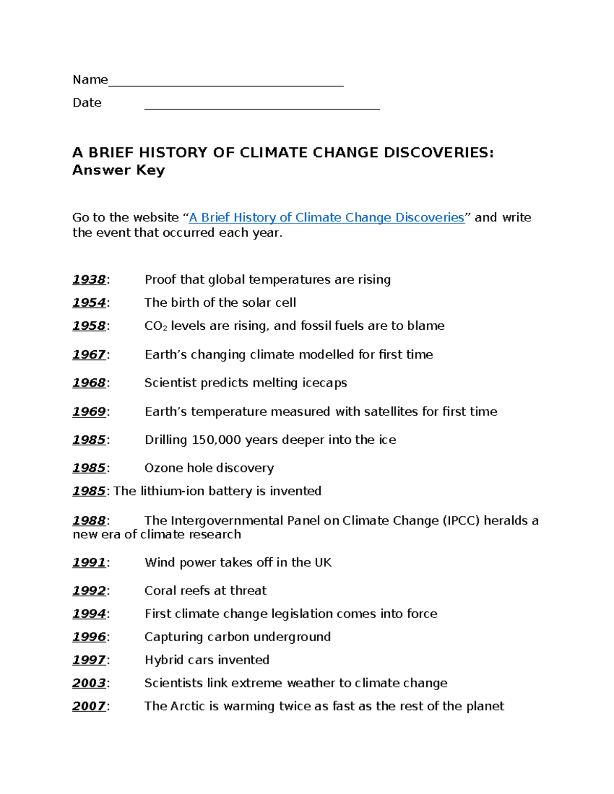 Climate Change Discoveries: Answer Key for Worksheet - Studocu