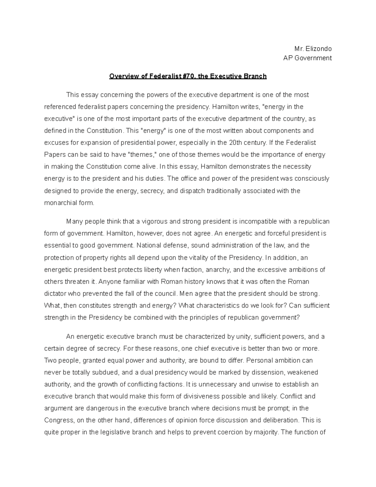AP Gov: Analysis of Federalist #70 and the Executive Branch - Studocu