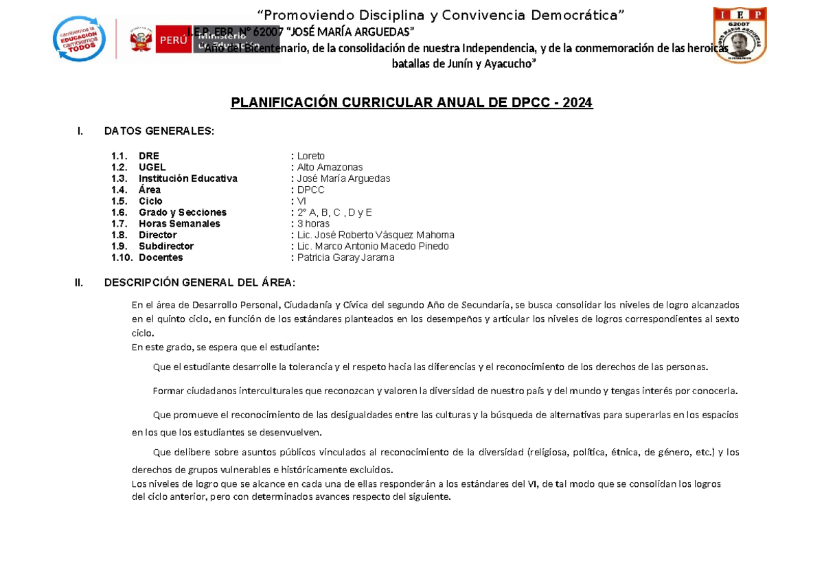 PCA - DPCC - 2do - 2024 - programas - I.E. EBR N° 62007 “JOSÉ MARÍA ARGUEDAS” “Año del ...