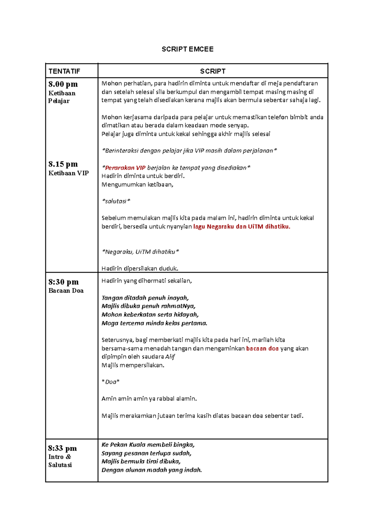 Majlis Formal Emcee Script: Rafflesia Event Planning Guide - Studocu