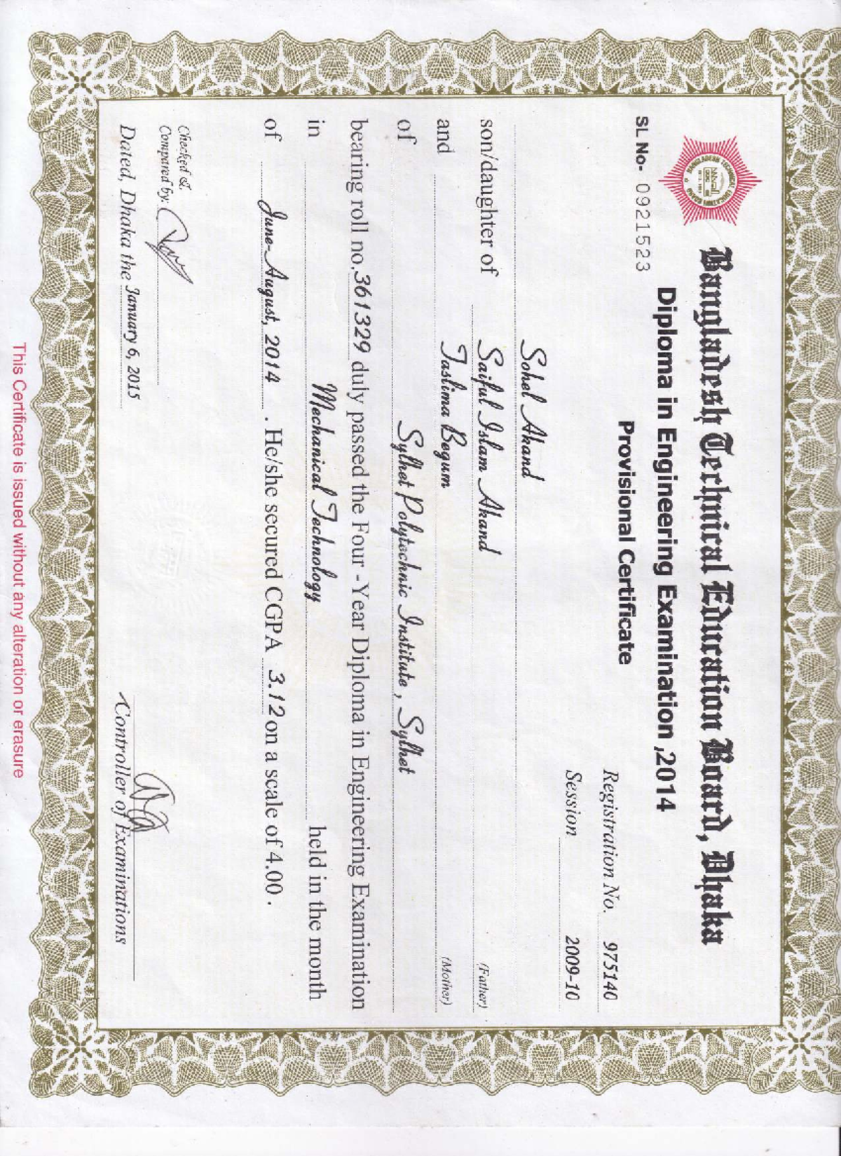 Diploma Certificate in Mechanical Technology - 2014 (SL 0921523) - Studocu
