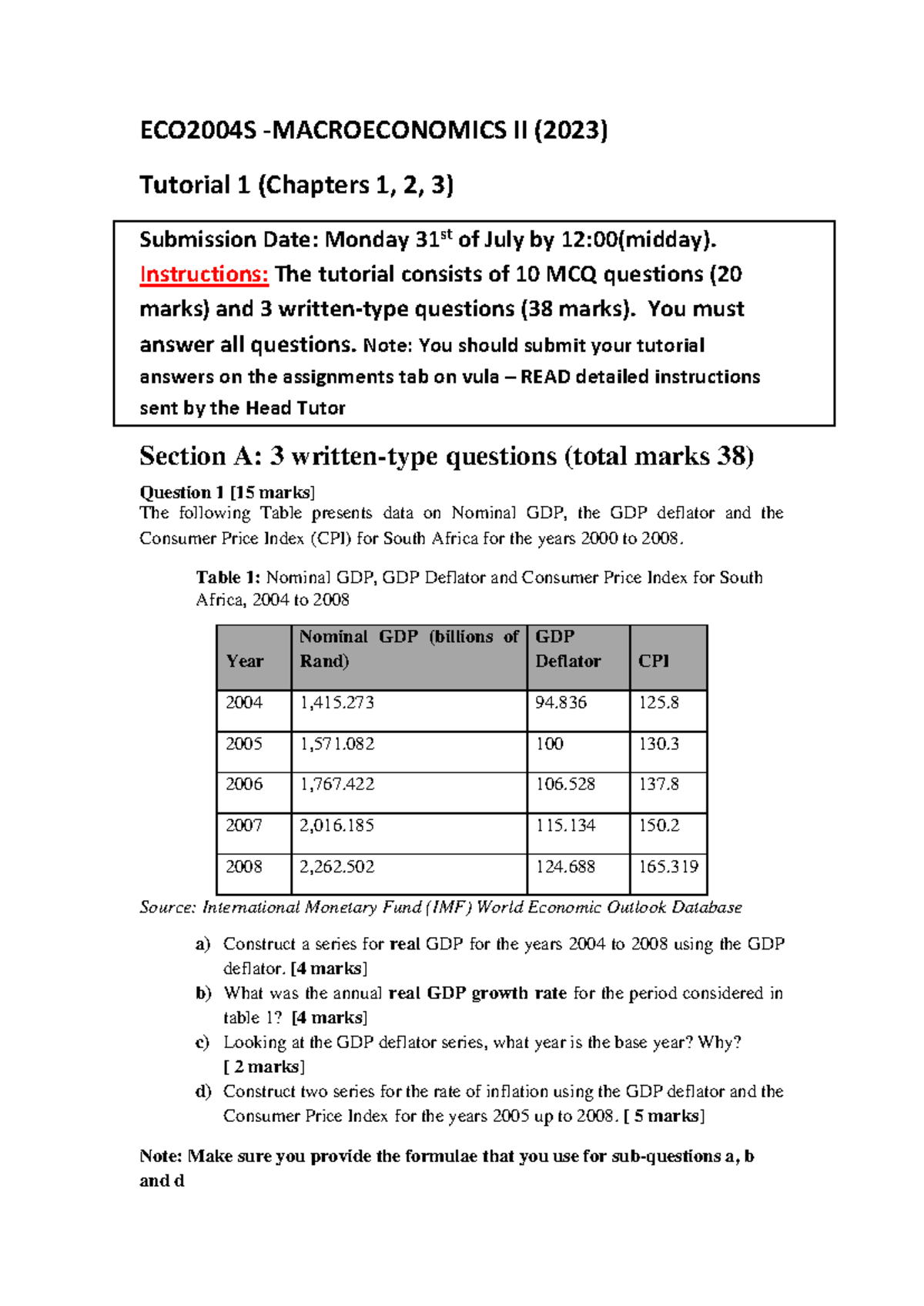 Tutorial 1 Ch1,2,3 - Tut 1 - ECO 2 004S - MACROECONOMICS II (2023 ...