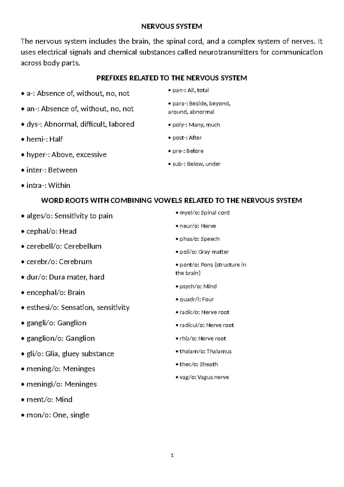 Nervous System Overview: Key Terms and Functions (BIO 101) - Studocu