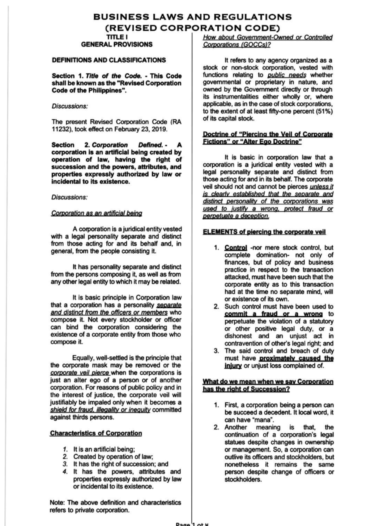BLR 2 SEC 1-9: Revised Corporation Code Overview and Key Provisions ...