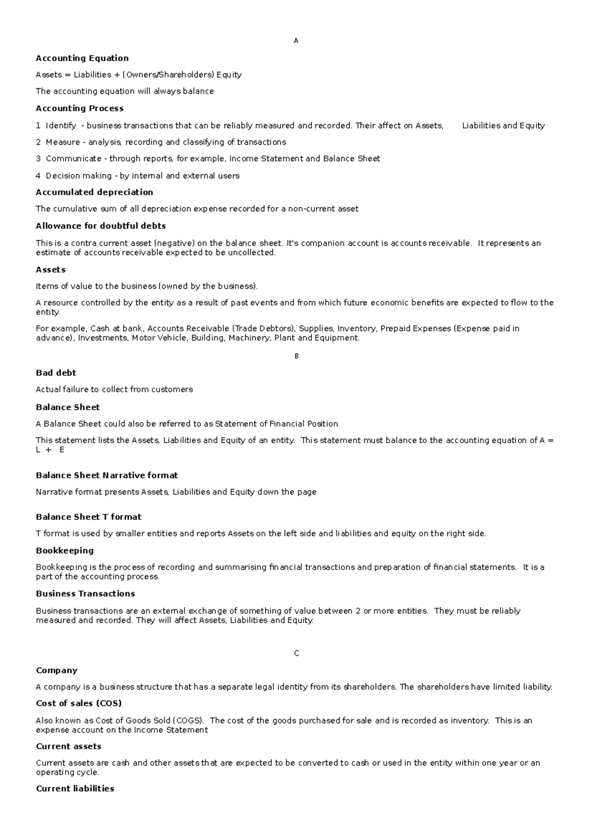 Glossary of accounting relevant to this course - A Accounting Equation ...