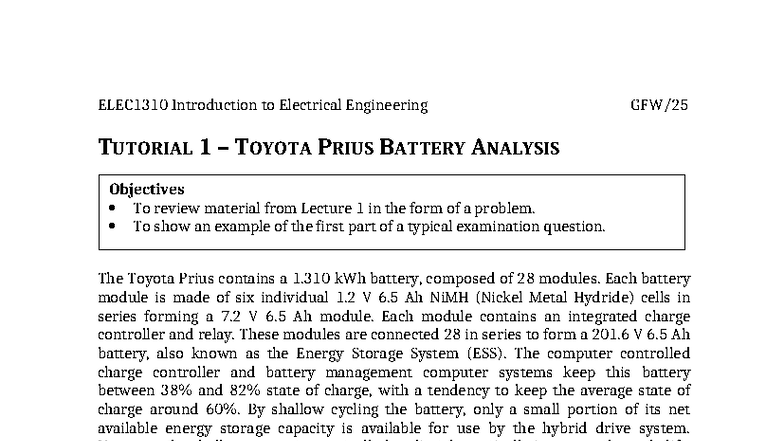 ELEC1310 TUTORIAL 1: Toyota Prius Battery Analysis - Studocu