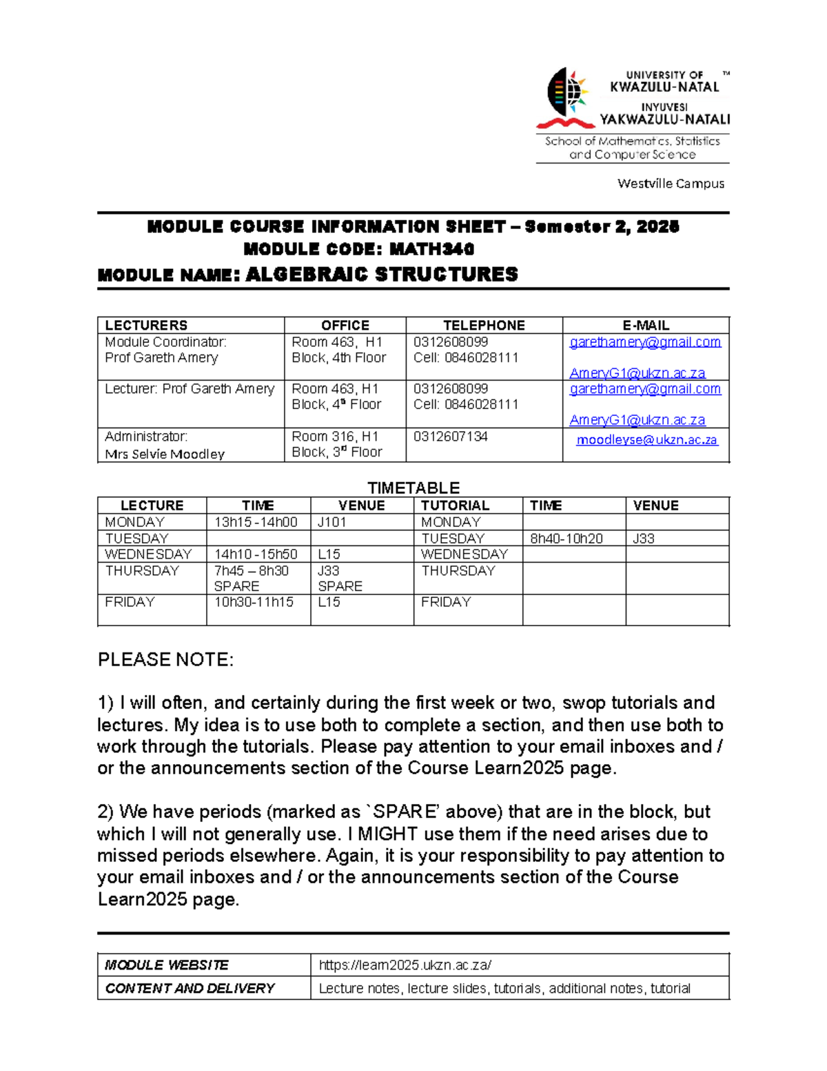 Math 340 - Algebraic Structures Module Info Sheet, Semester 2, 2025 ...