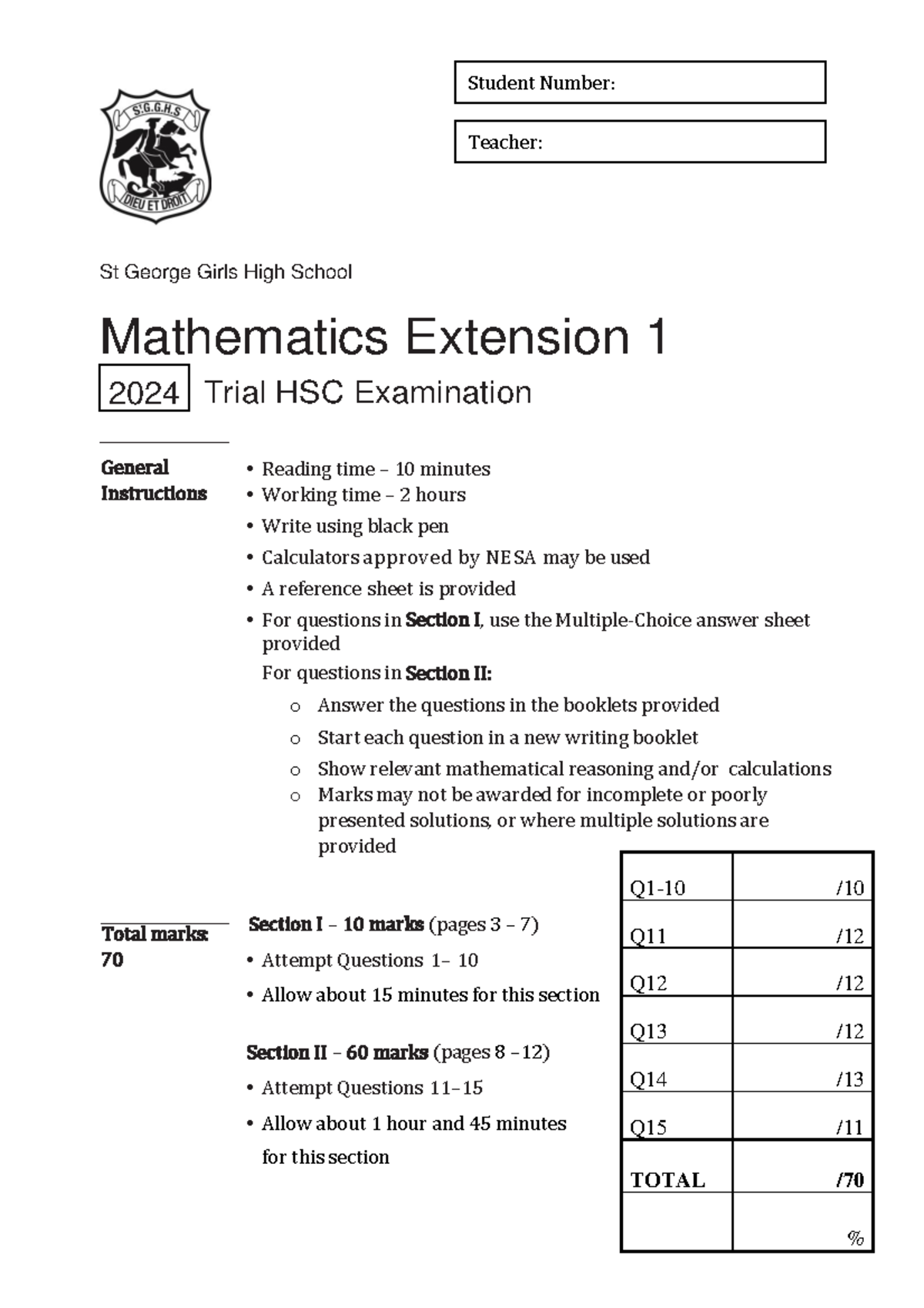 St George Girls High School Year 12 Mathematics Extension 1 2024 Trial ...