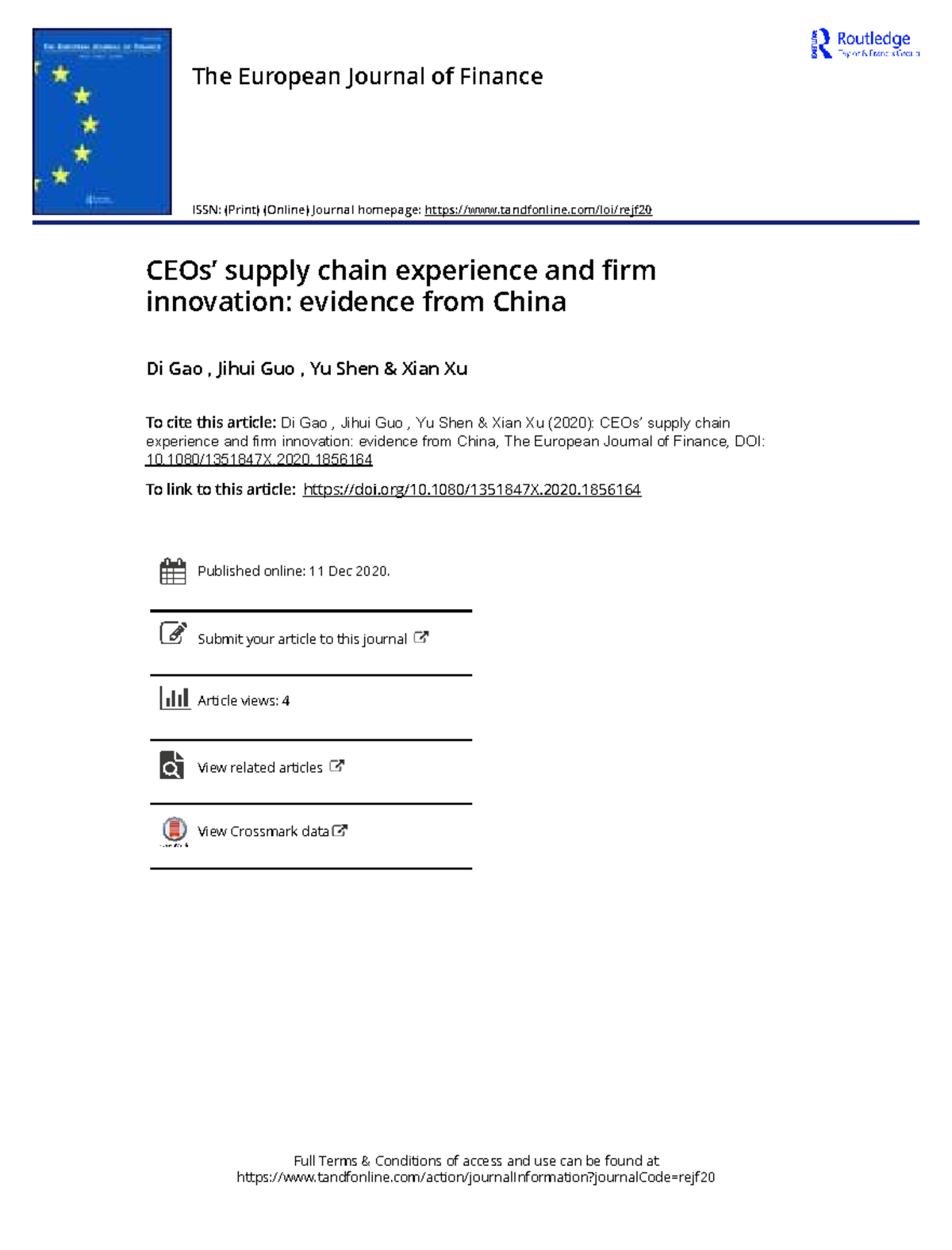 Supply Chain Experience and Firm Innovation: Evidence from China ...