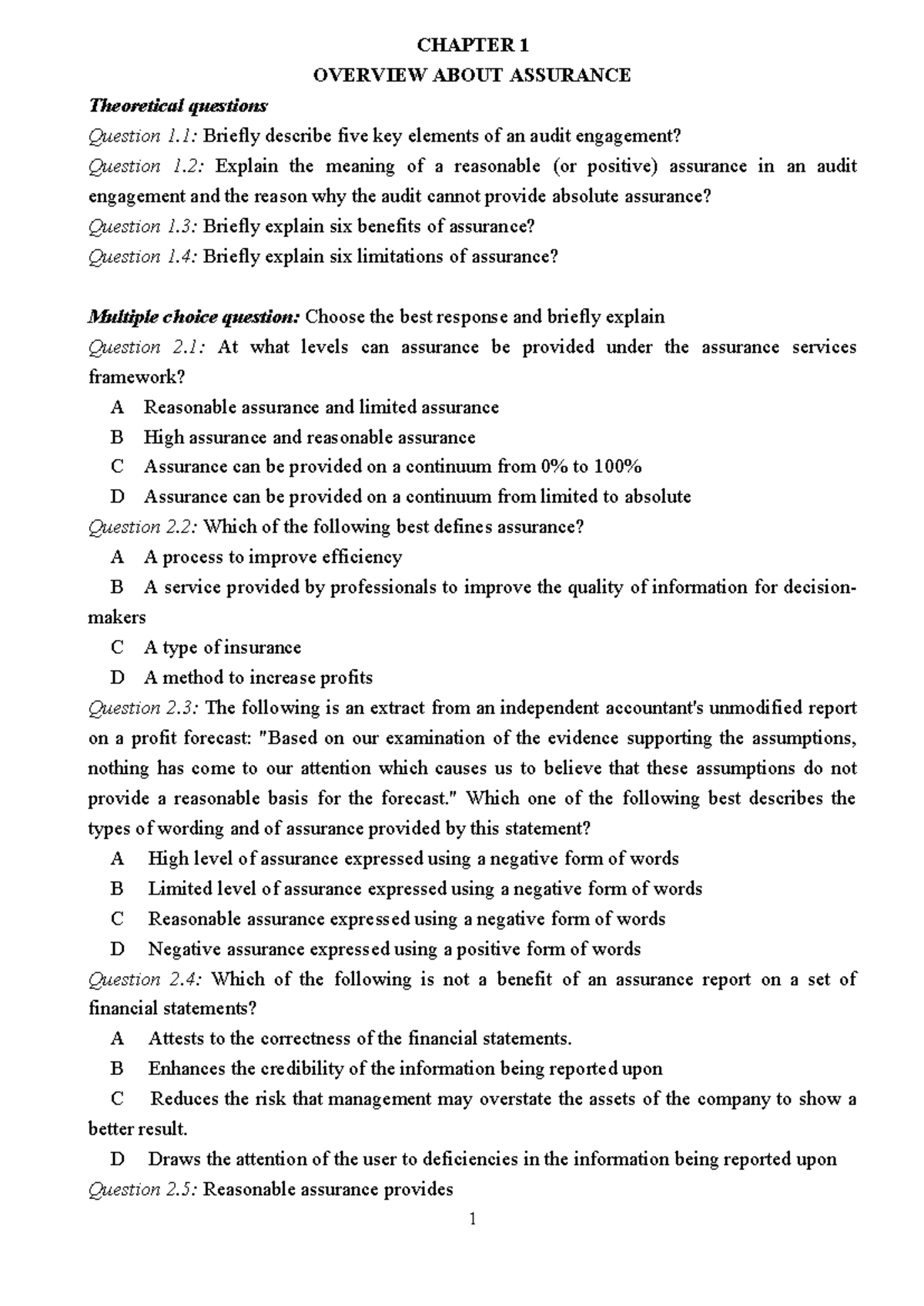CHAPTER 1: OVERVIEW OF ASSURANCE - Key Concepts & Questions - Studocu