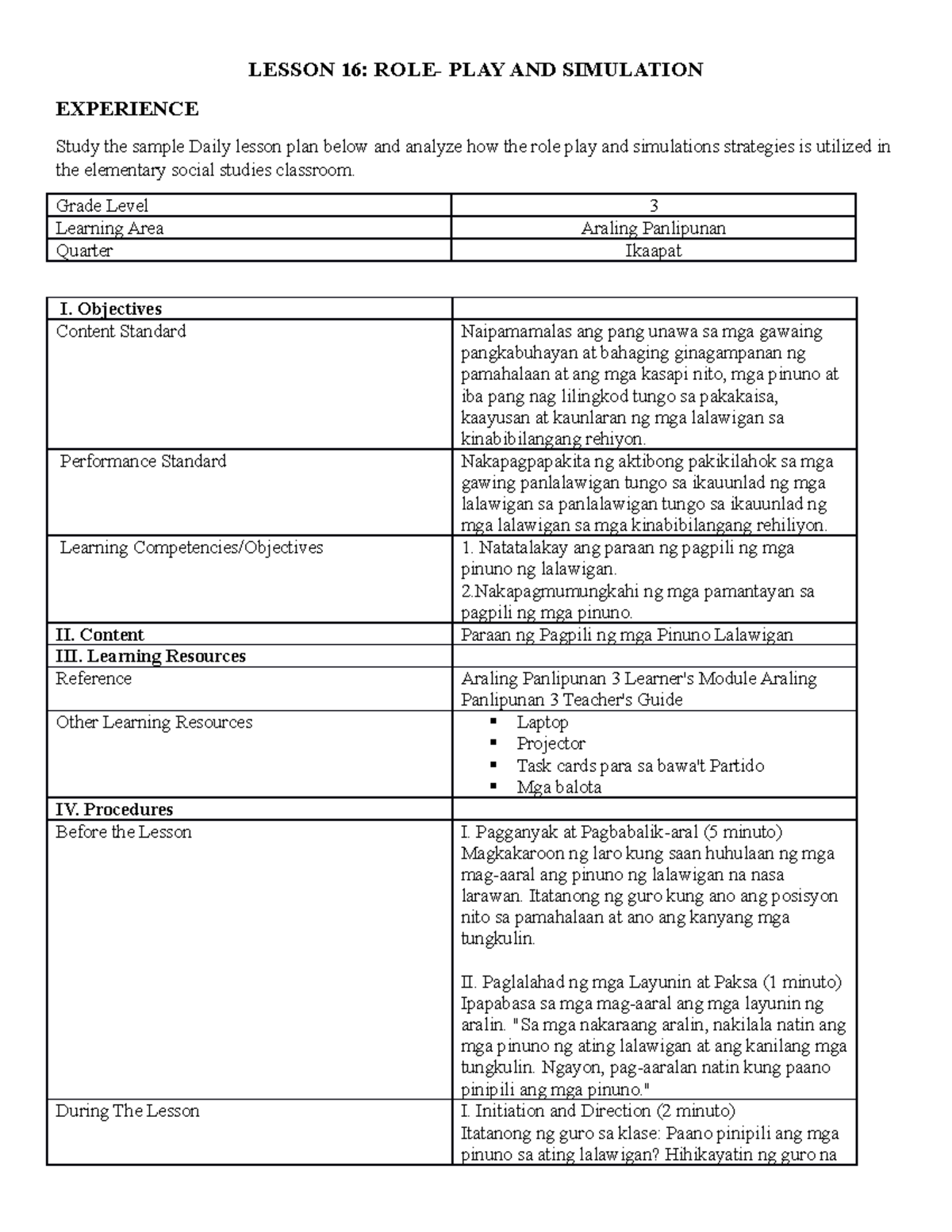 SS- Lesson 16: Role Play & Simulation in Araling Panlipunan - Studocu