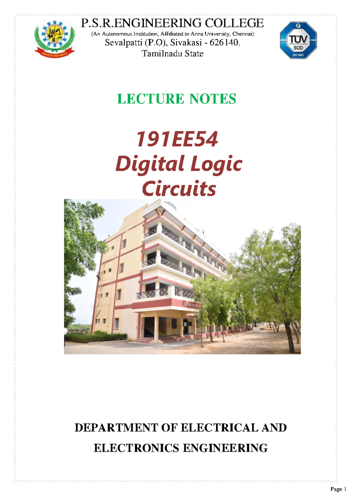 191EE54 Digital Logic Circuits Lecture Notes by Mr. T. Balasubramanian ...
