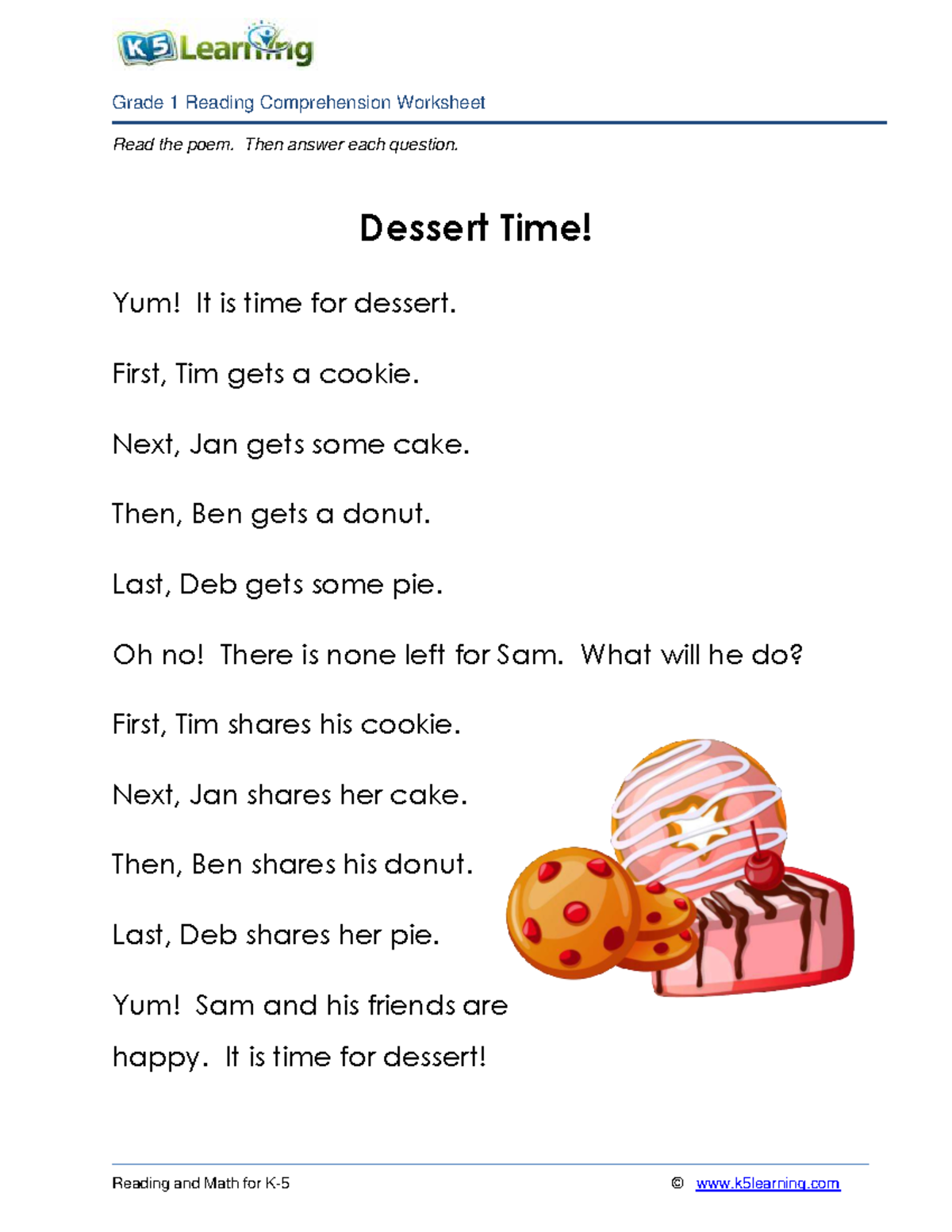 Grade 1 Reading Comprehension Worksheet: Dessert Time! - Studocu