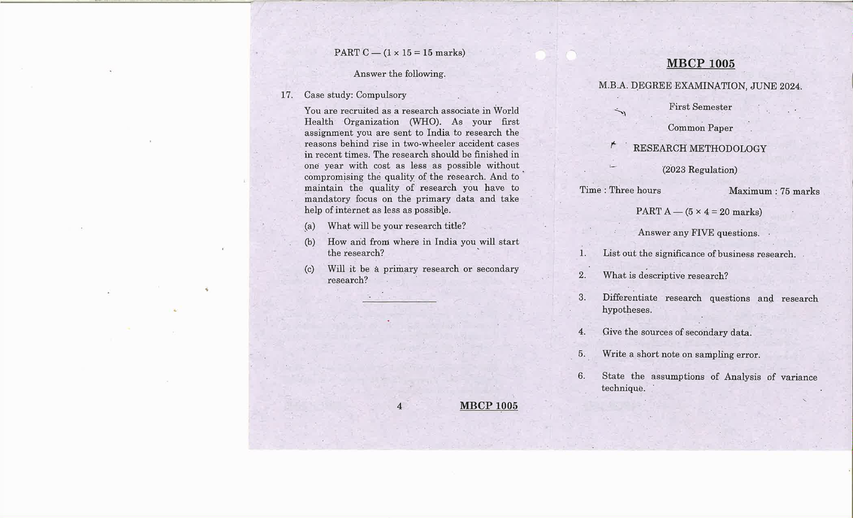 Research Methodology Questions - MBCP 1005 (Dec 2024) - Studocu