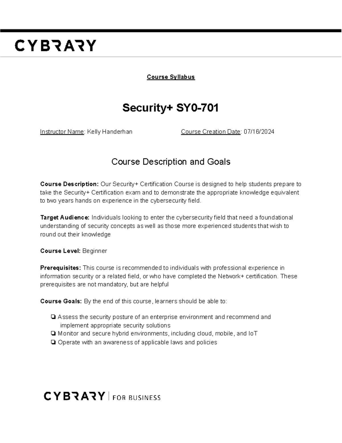 Security SY0-701 Syllabus - Course Syllabus Security+ SY0- Instructor ...
