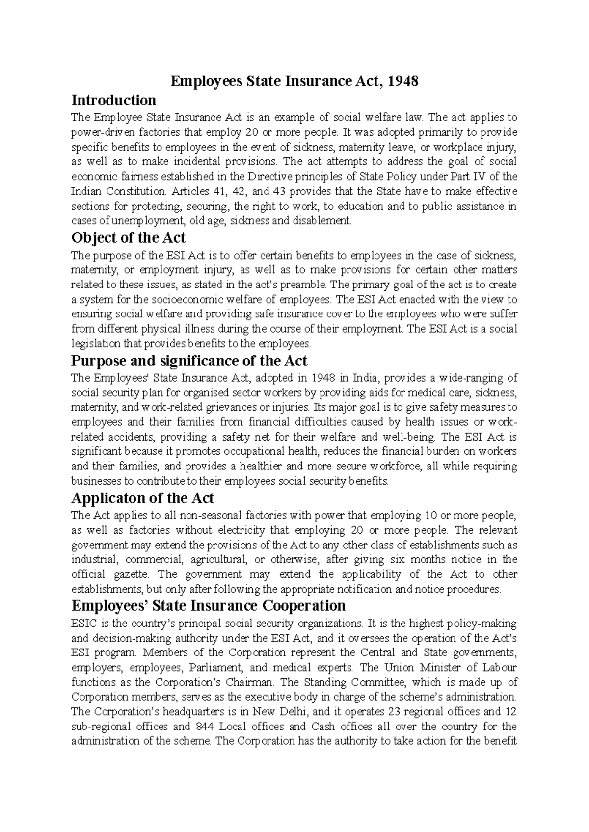 Employees State Insurance Act, 1948: Overview and Key Provisions - Studocu