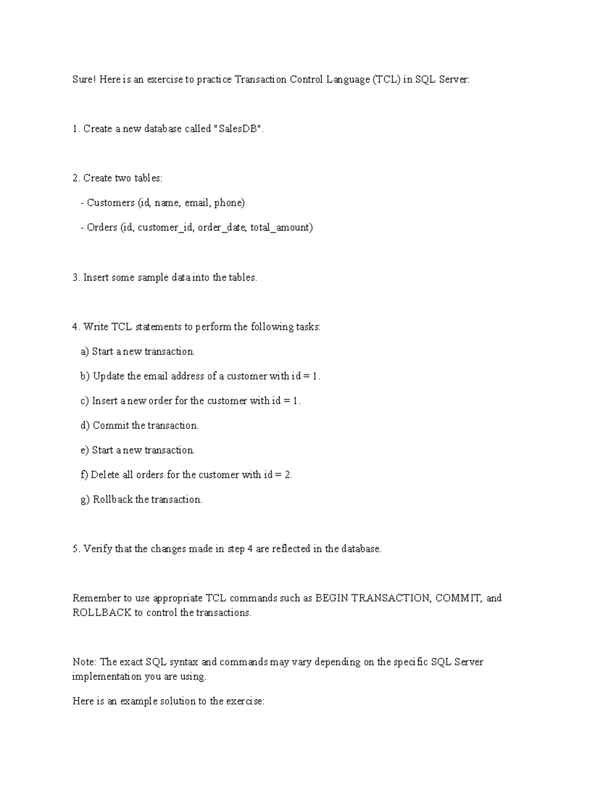 TCL Exercise in SQL Server: Transaction Control Language Practice - Studocu