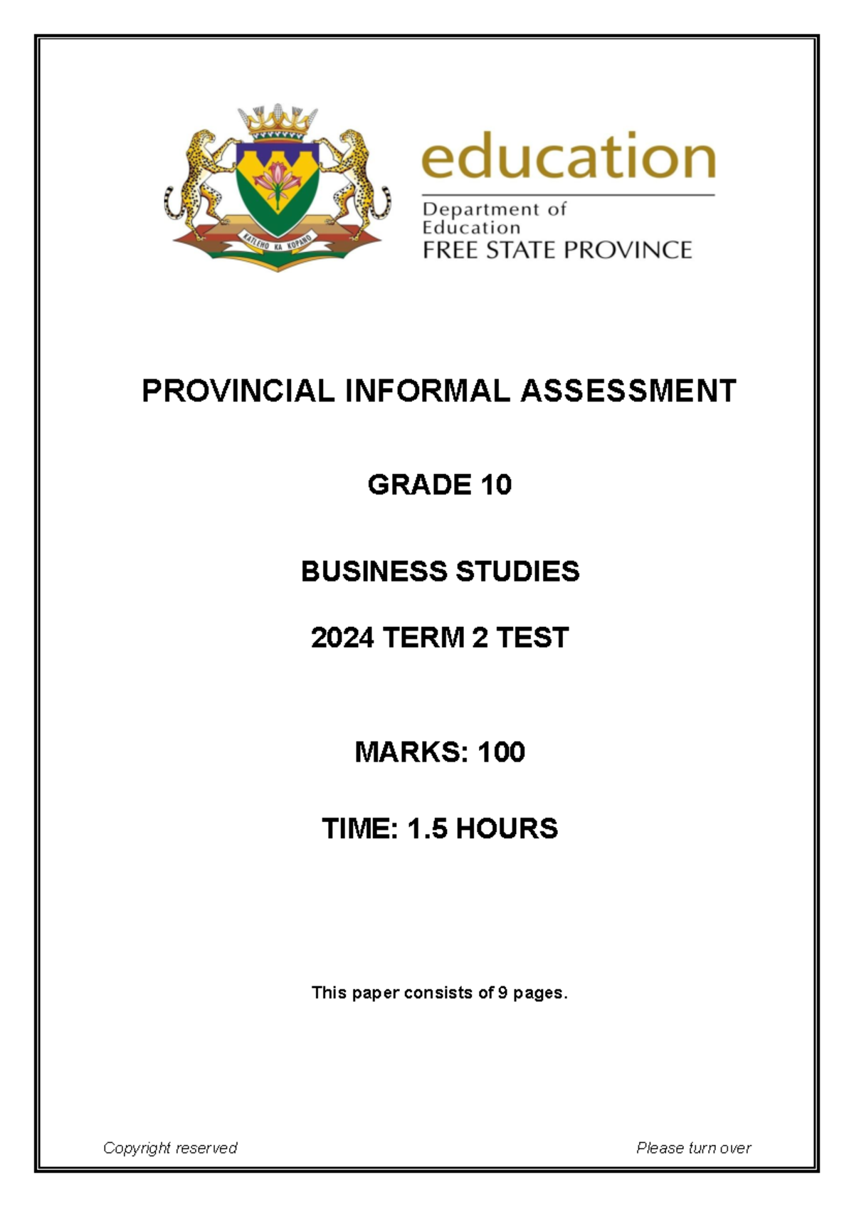 Grade 10 Business Studies Informal Assessment Term 2 Test 2024 - Studocu