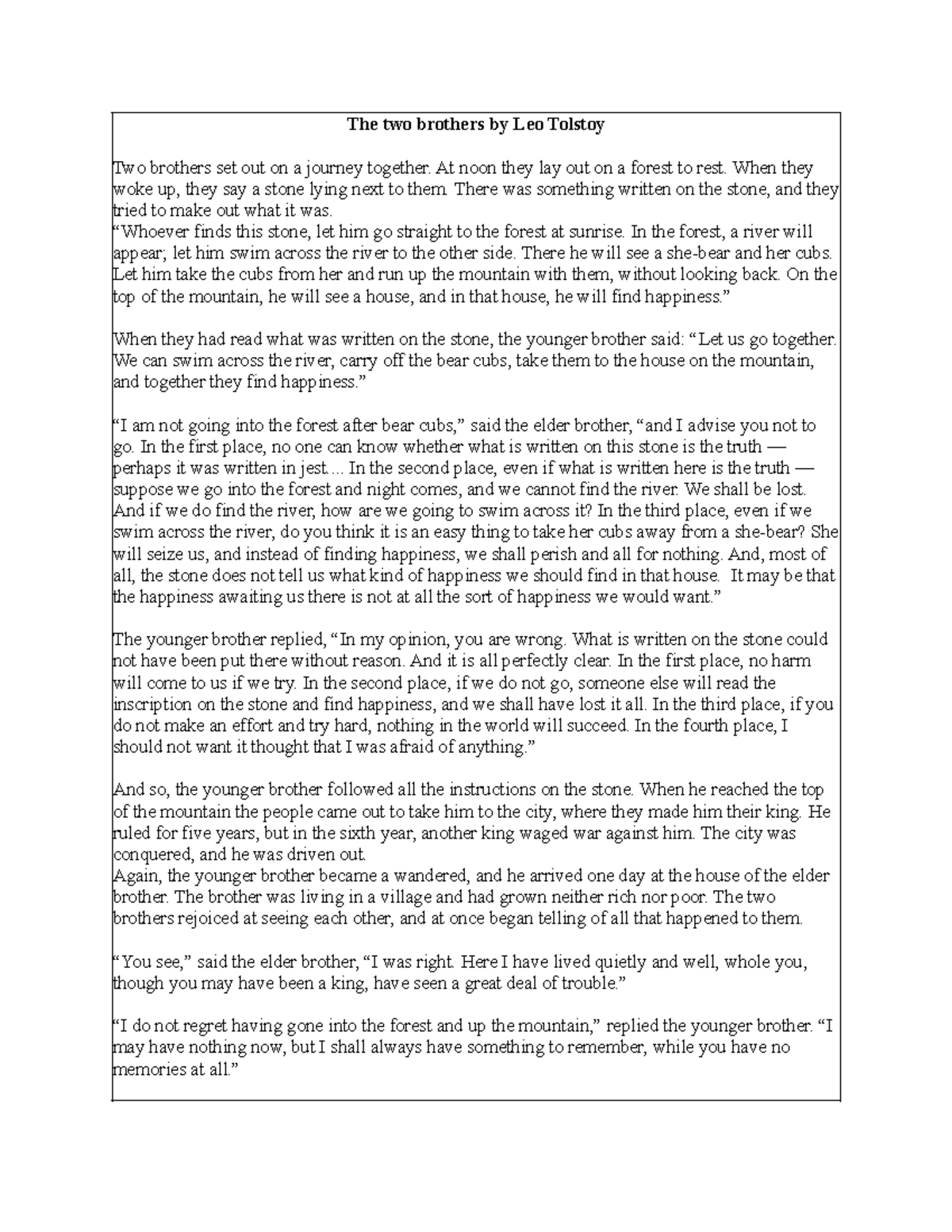 The Two Brothers: A Lesson on Risk and Happiness by Leo Tolstoy - Studocu