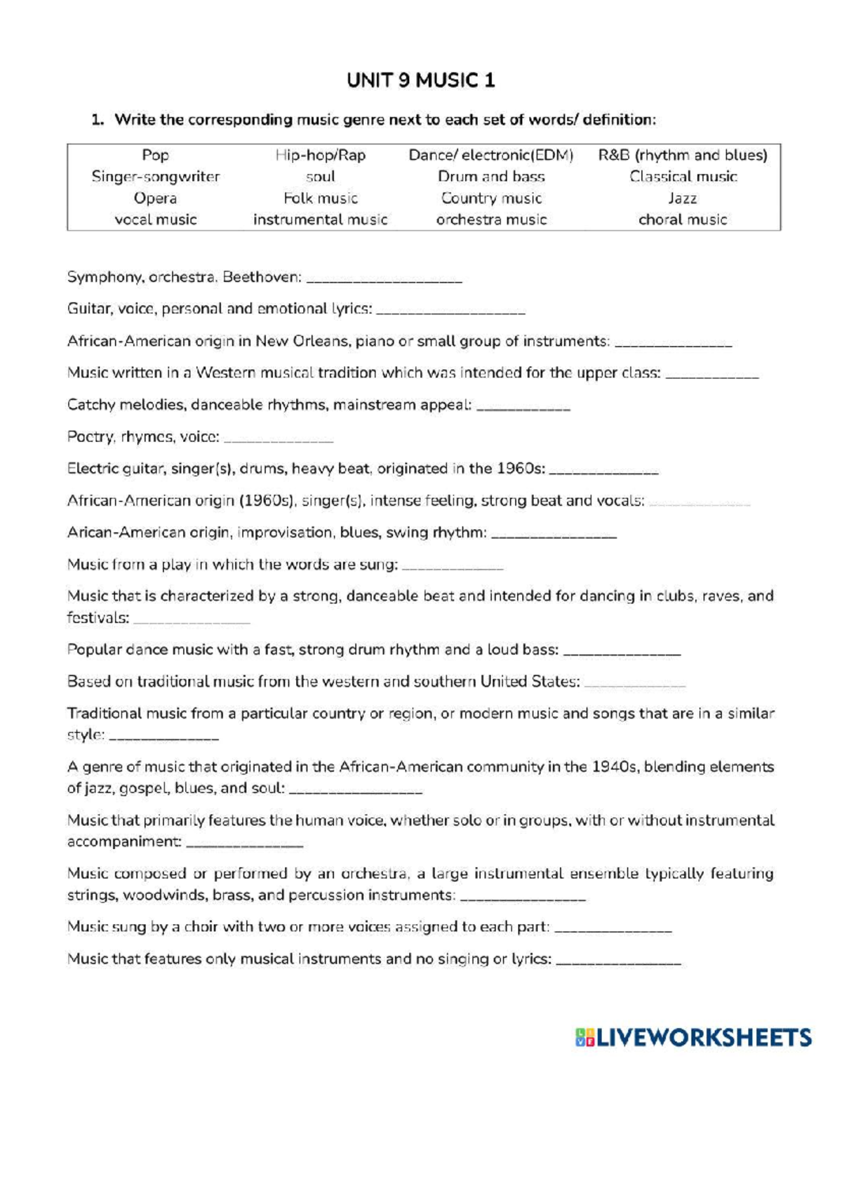 UNIT 9 MUSIC: Genre Definitions and Characteristics Worksheet 8085137 ...