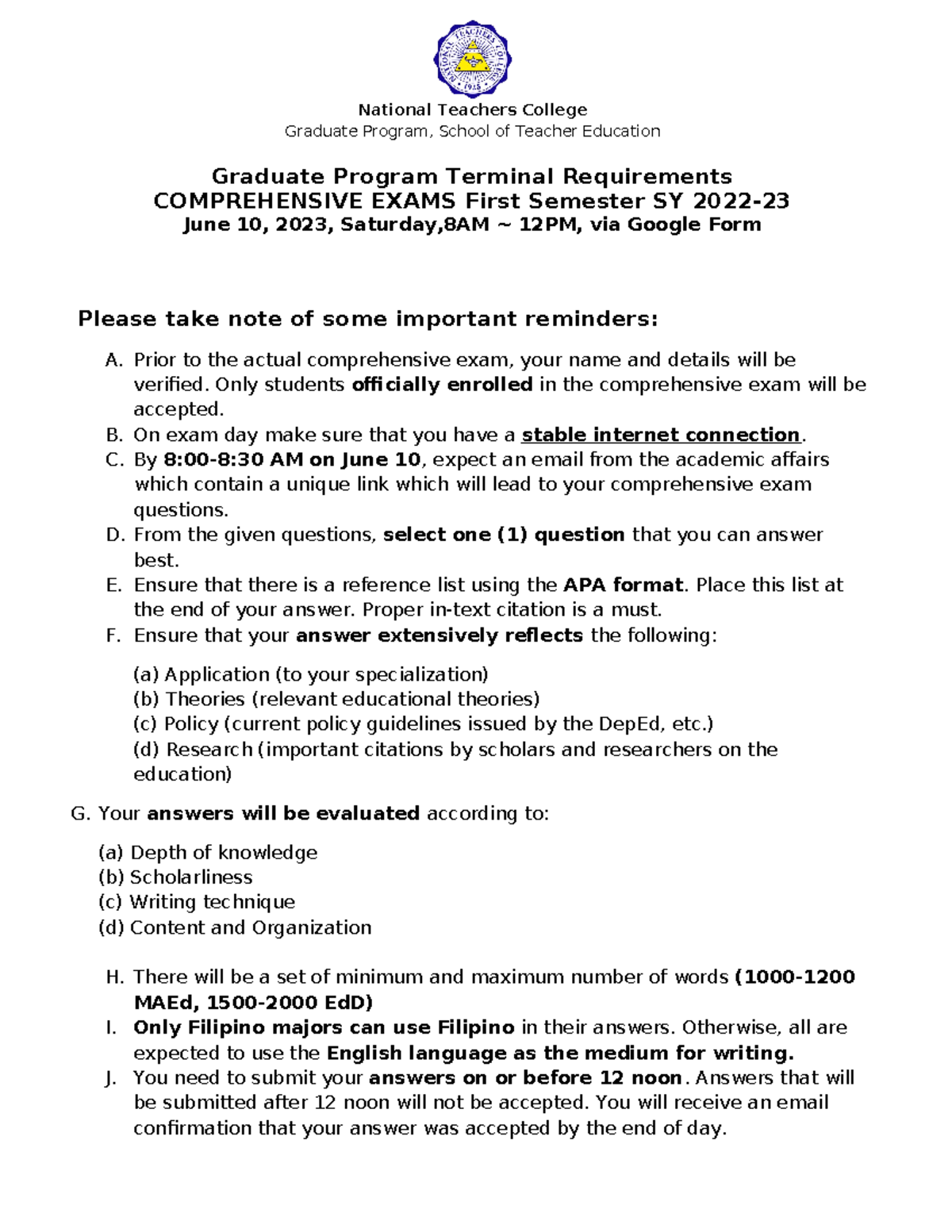 Comprehensive Exam Guidelines for Graduate Program SY 2022-23 - Studocu