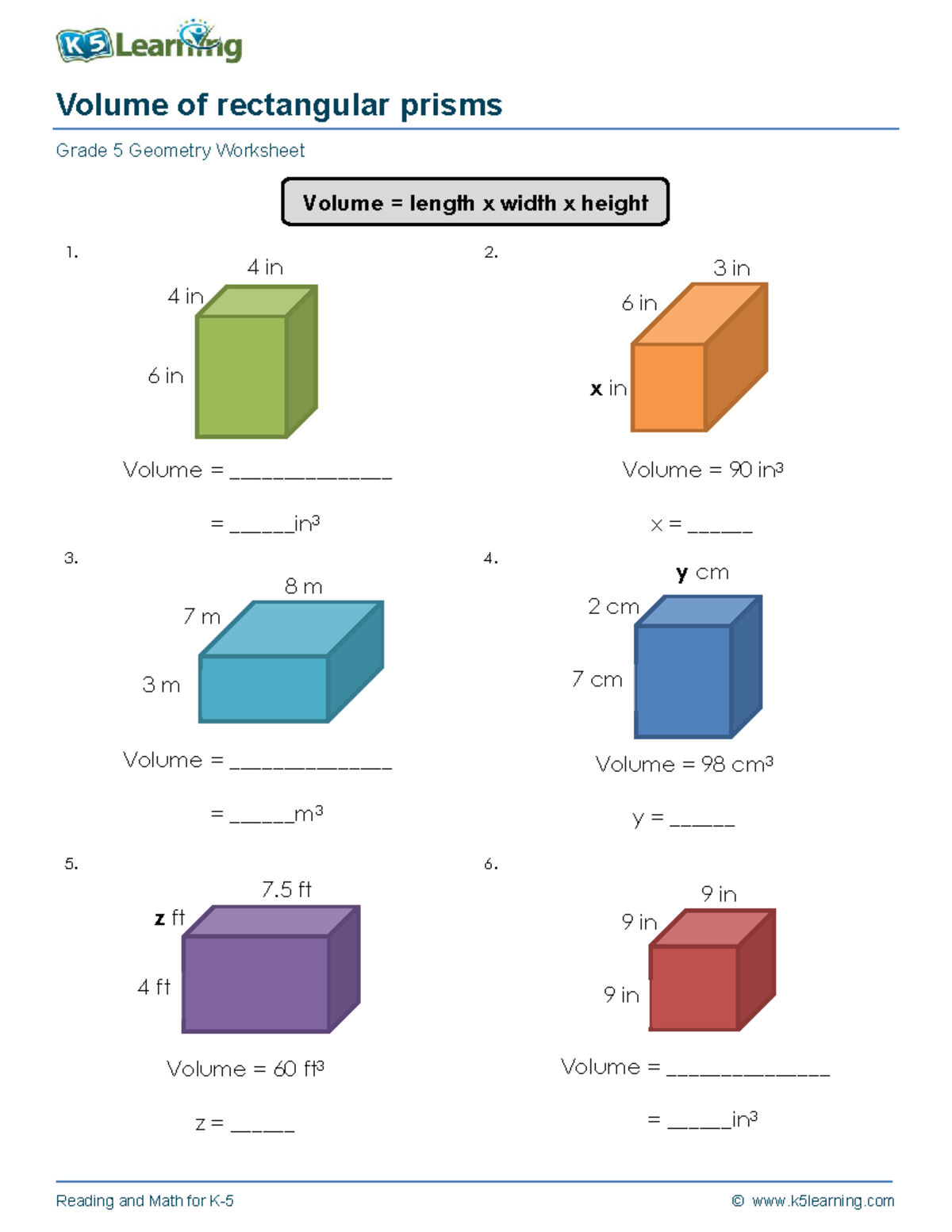Volume of Rectangular Prisms - Grade 5 Geometry Worksheet - Studocu