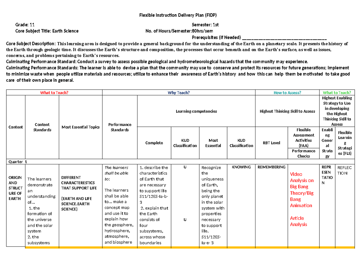 FIDP: Earth Science & Life Science Overview for Grade 11 - Studocu