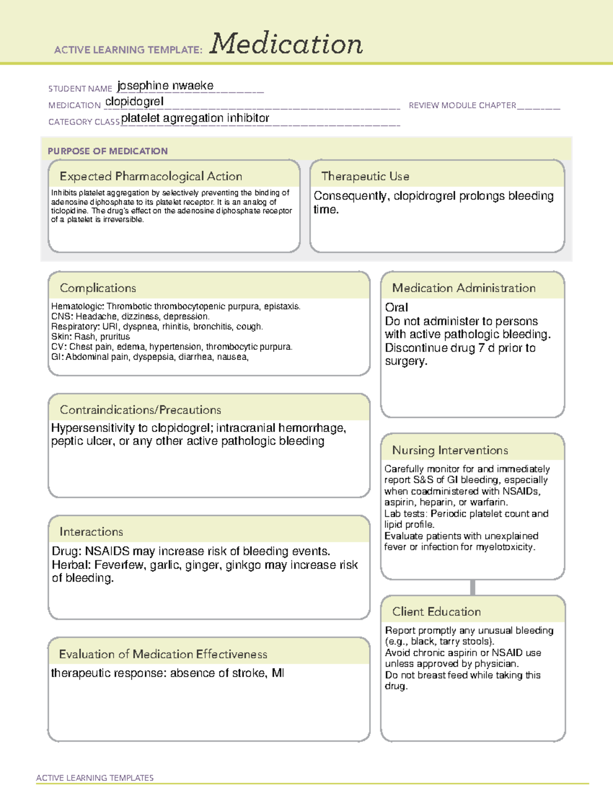 Clopidogrel - ATI TEMPLATES - ACTIVE LEARNING TEMPLATES Medication ...