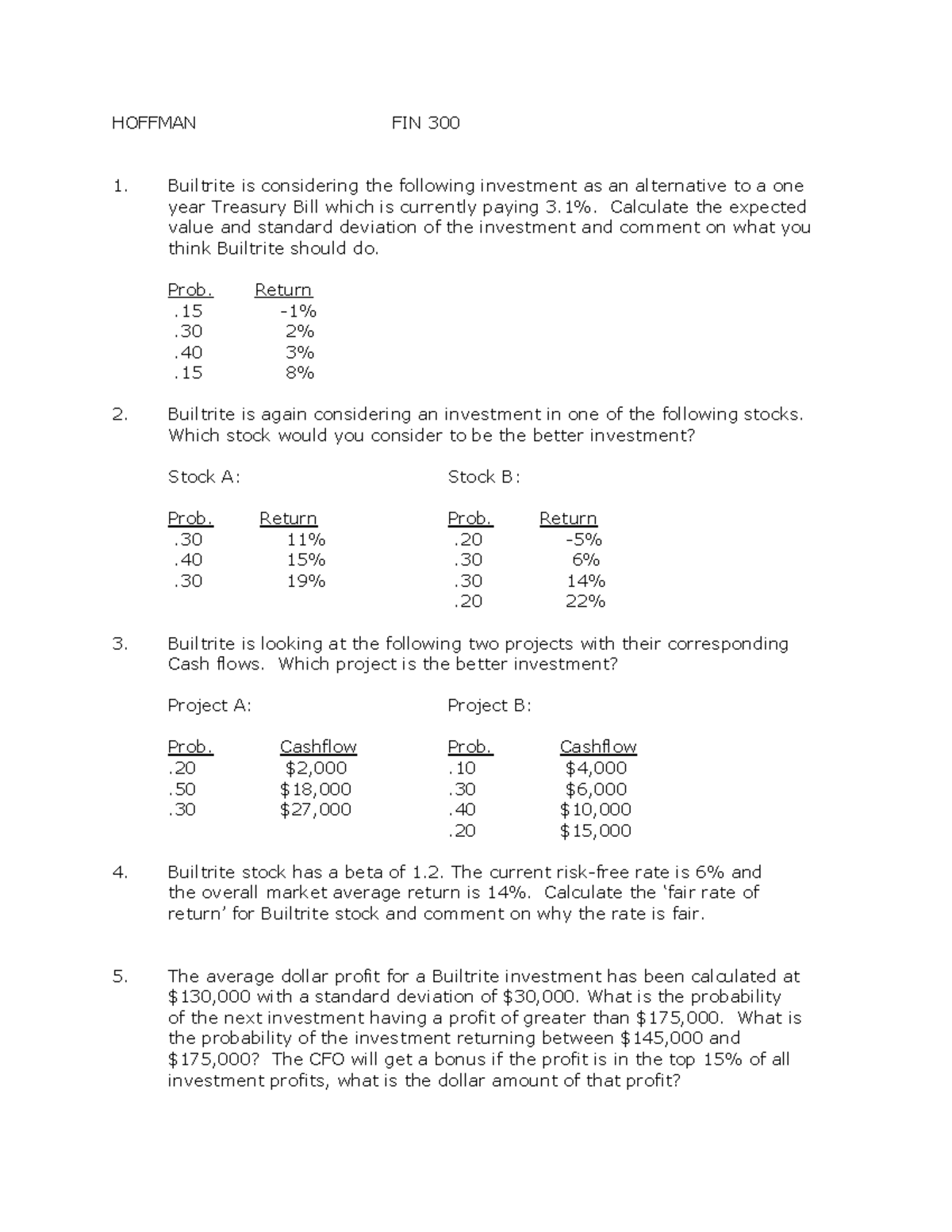 FIN 300 Risk & Return: Investment Analysis Problems - Studocu