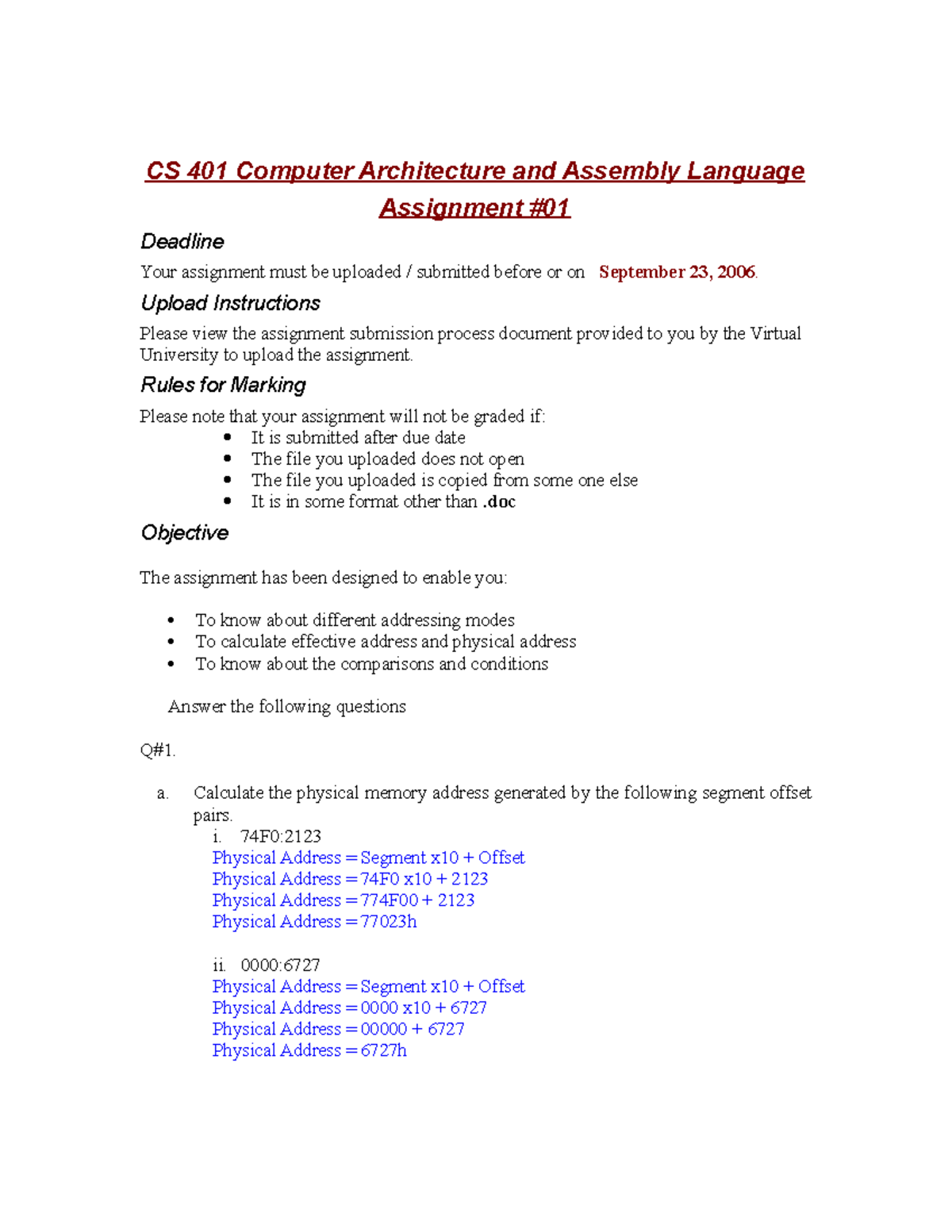 Computer Architecture and Assembly Language Programming - CS401 Special 2006 Assignment 01 ...
