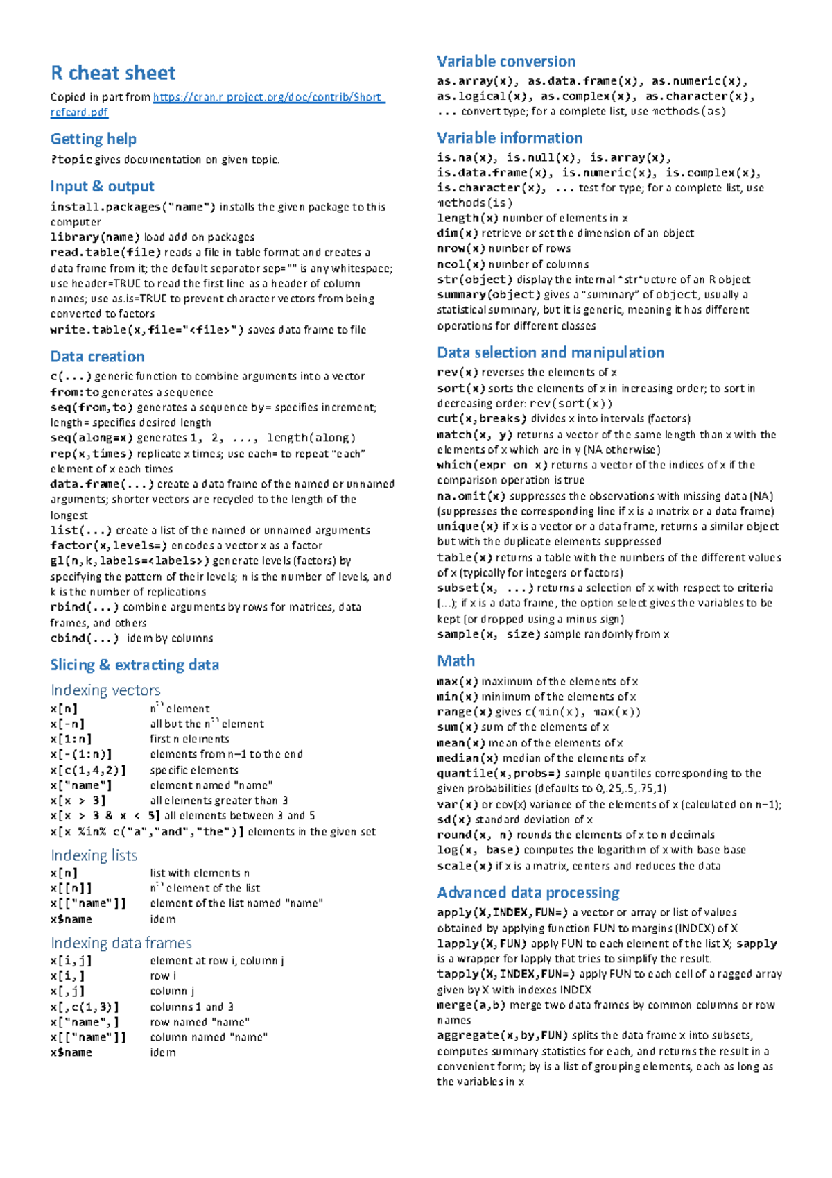 R Cheat Sheet: Essential Commands and Syntax Overview - Studeersnel