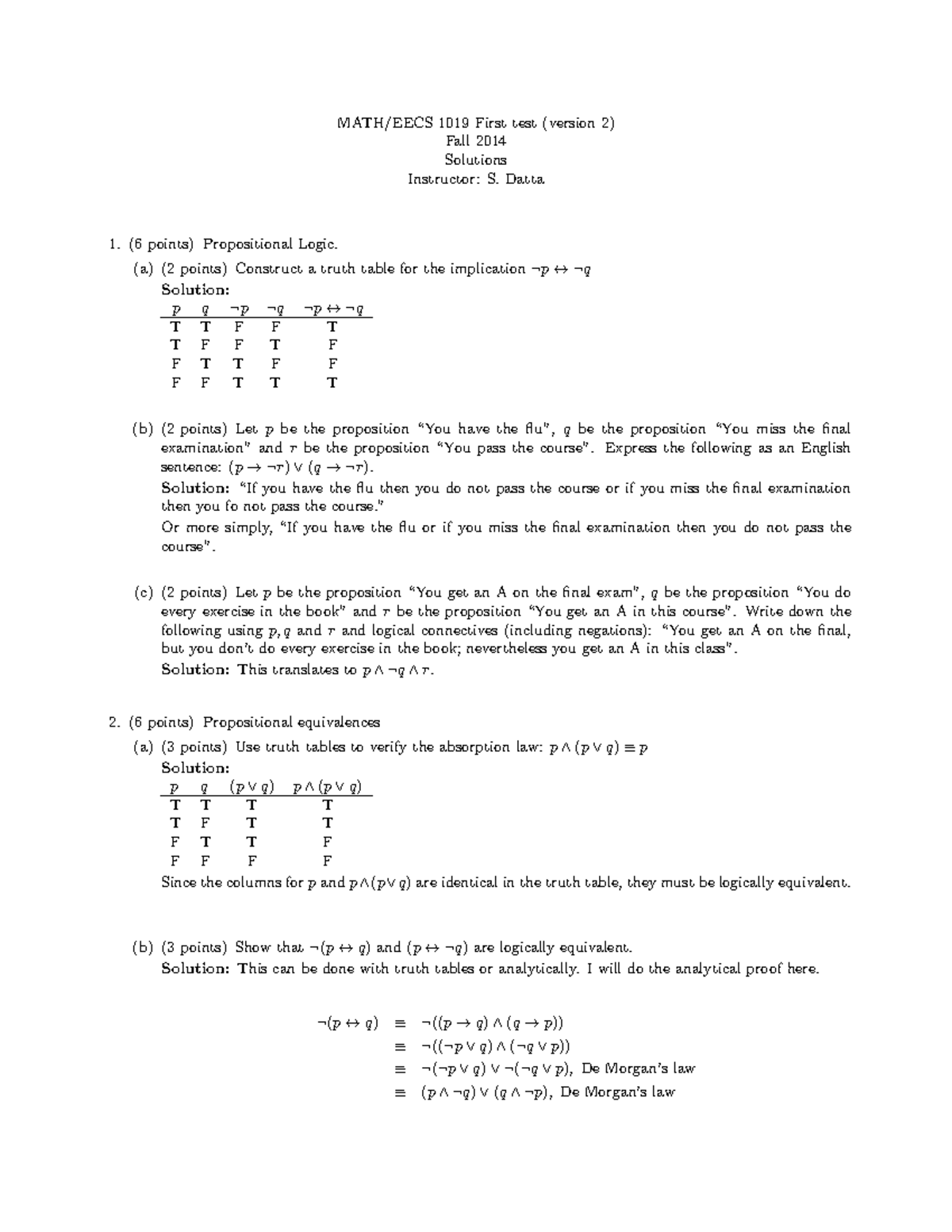 MATH/EECS 1019 Discrete Math First Test Solutions - Fall 2014 - Studocu