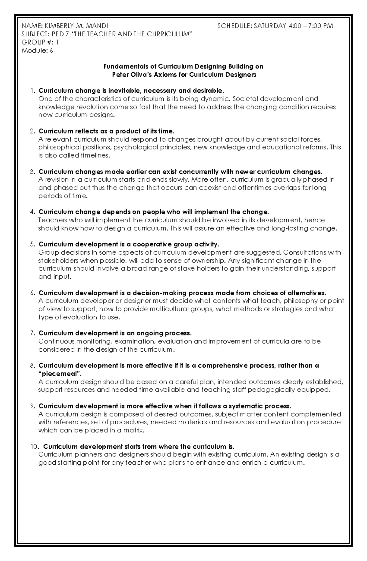 Module 6 PED 7 - NAME: KIMBERLY M. MANDI SCHEDULE: SATURDAY 4:00 – 7:00 PM SUBJECT: PED 7 “THE ...