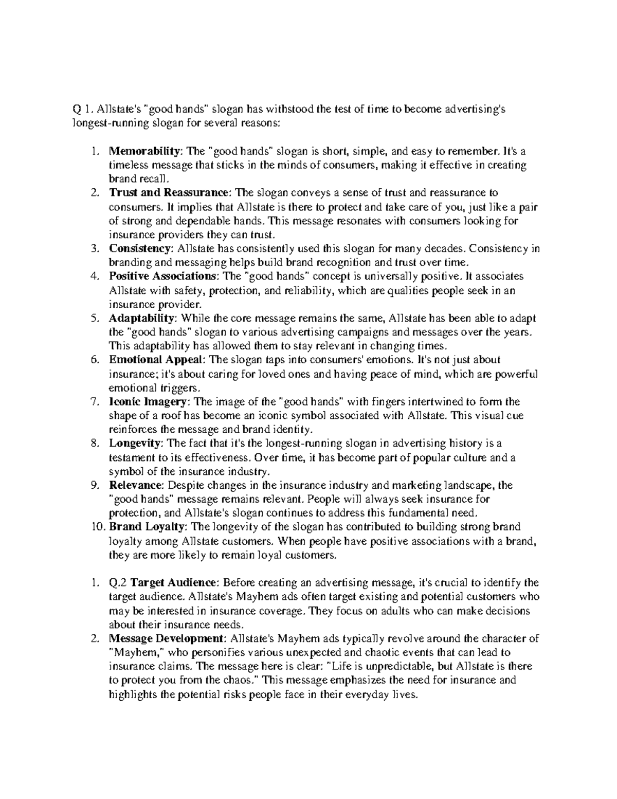 Allstate's Case question and Answer - Q 1. Allstate's "good hands ...