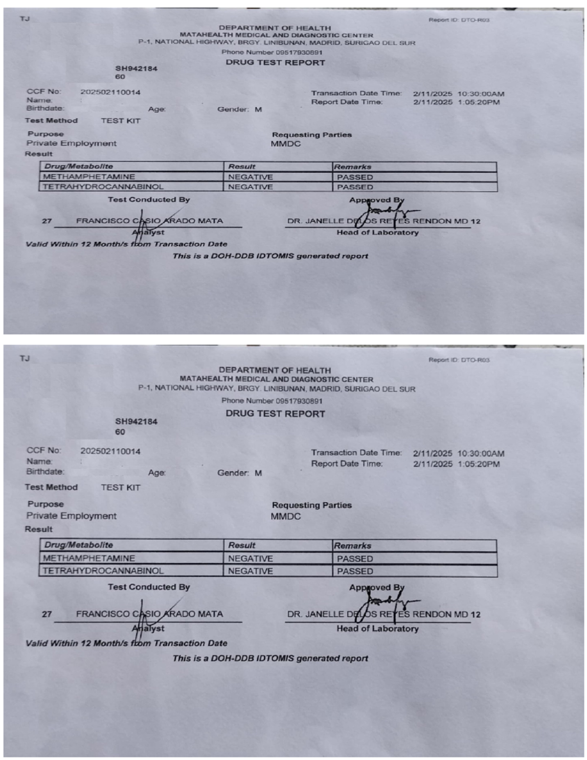 HE1 - medical drug test sample - TJ Report ID: DEPARTMENT OF HEALTH ...