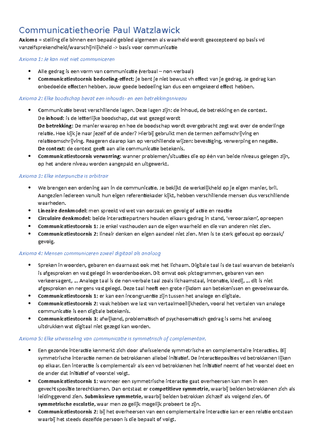Communicatietheorie en Axioma's volgens Paul Watzlawick - Studocu