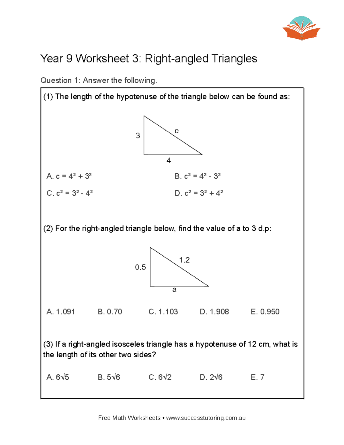 Year 9 Worksheet 3: Right-Angled Triangles Practice Questions - Studocu