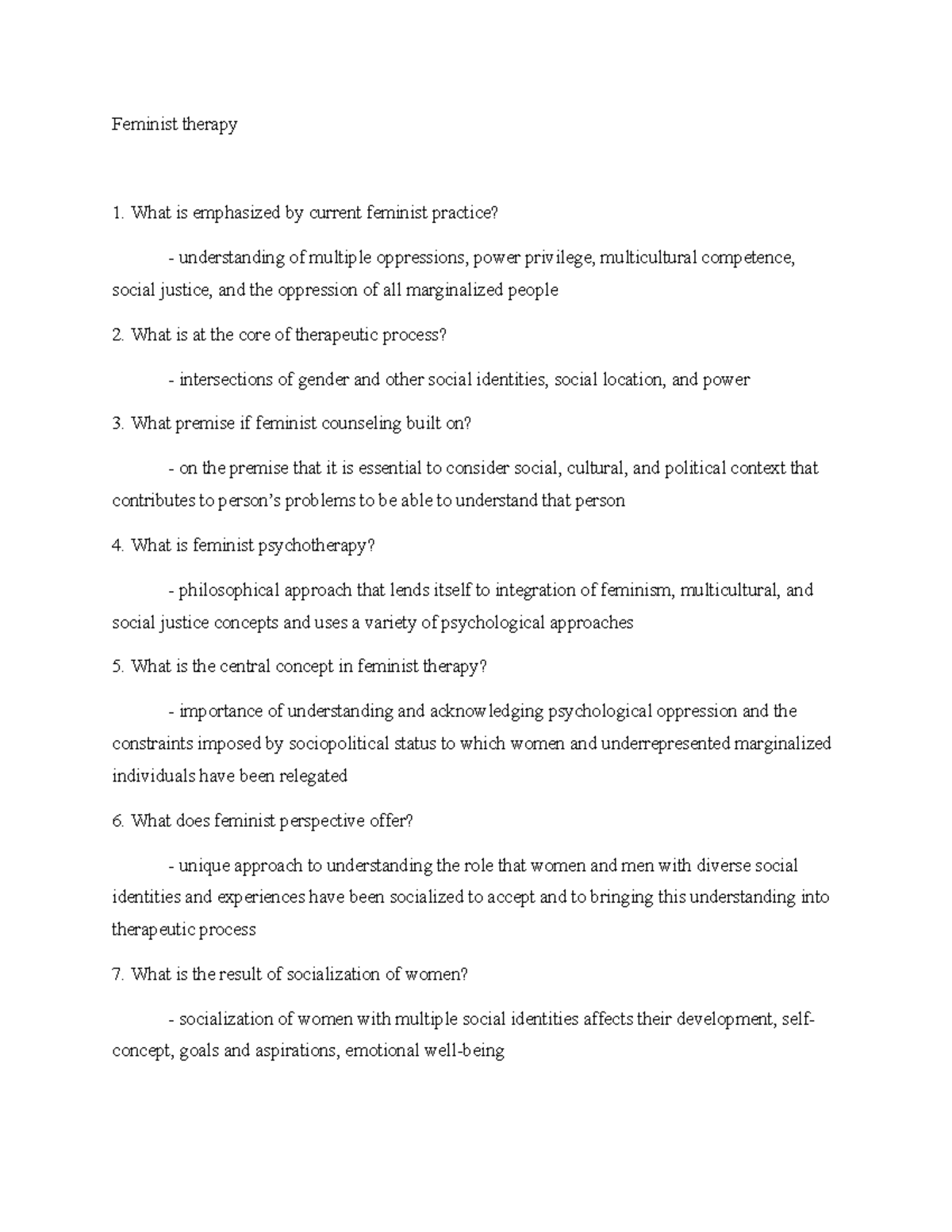 Chapter 12 Practice Questions: Feminist Therapy in Counseling (CPT 345 ...