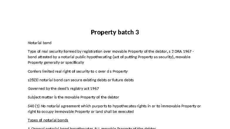 LAW OF PROPERTY NOTES III: Notarial Bonds & Movable Property - Studocu