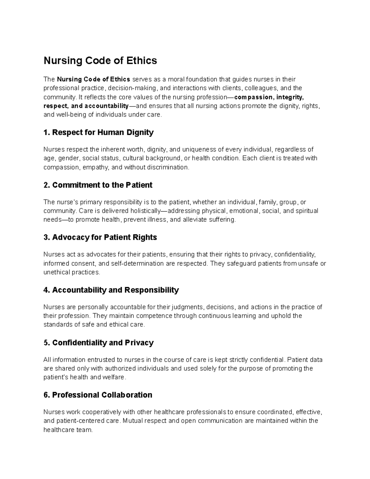 Nursing Code of Ethics: Principles and Responsibilities - Studocu