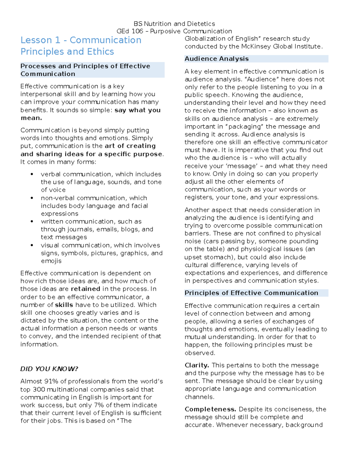 Lesson 1 - purposive communication - GEd 106 – Purposive Communication Lesson 1 - Communication ...