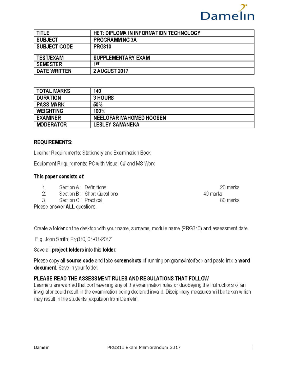 Programming 3A PRG310 Supplementary Exam Guidelines and Questions - Studocu