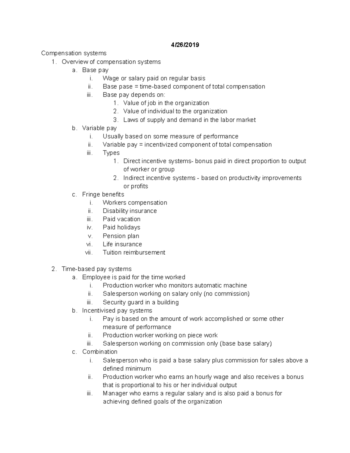 Class 26 - Lecture Notes on Compensation Systems and Pay Structures ...