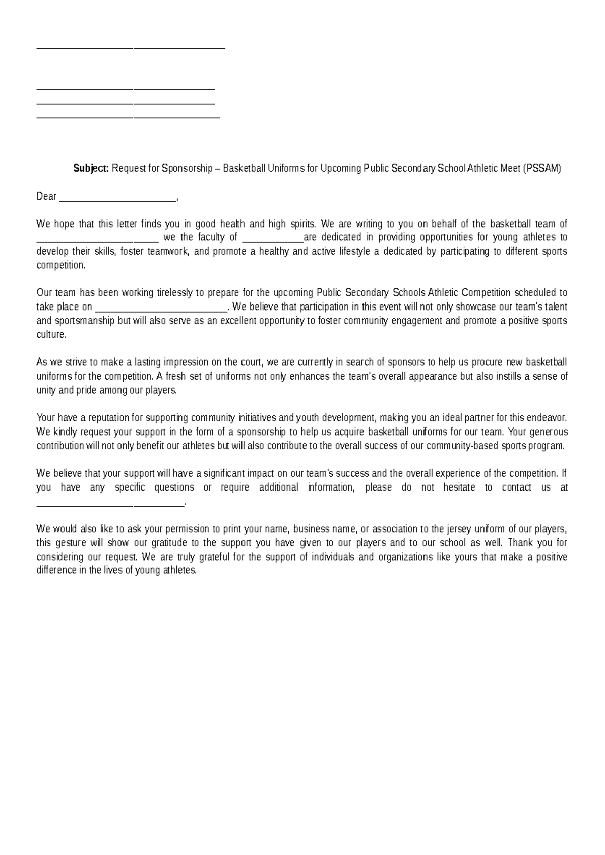 PSSAM Sponsorship Request Letter for Basketball Uniforms - Studocu