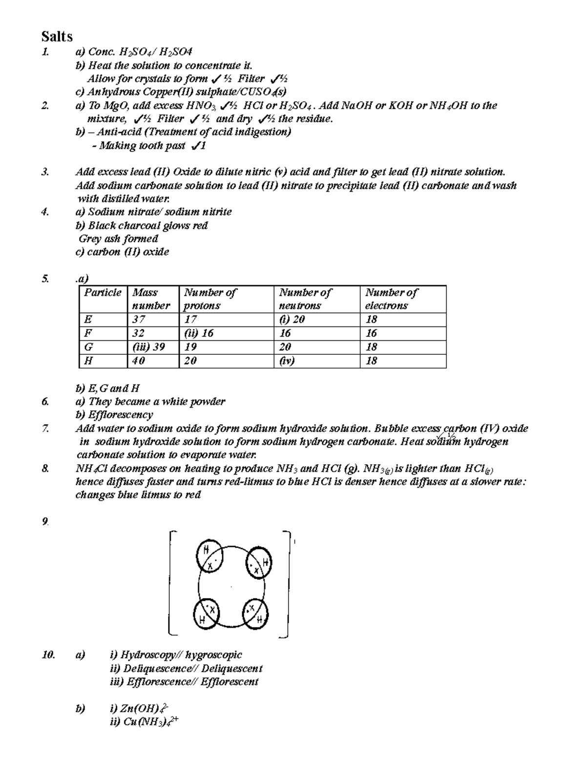 FORM 2 Salts ANS Teacher - Salts 1. a) Conc. H 2 SO 4 / H 2 SO b) Heat the solution to ...