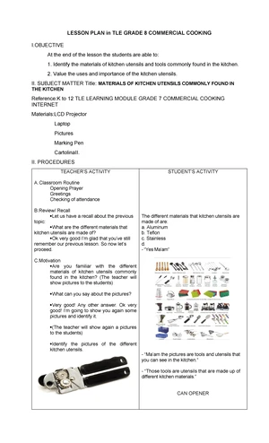 TLE 9 - Cleaning and Sanitizing Kitchen Tools and Equipment - Studocu