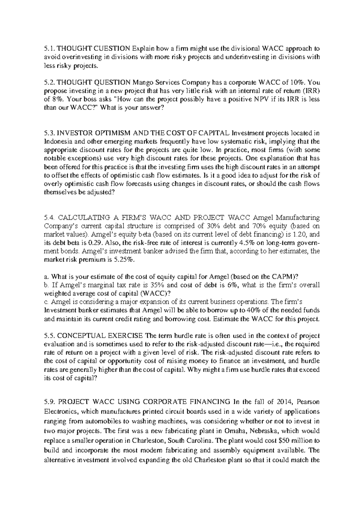 Investment Analysis and WACC Considerations - Topic 4 Questions(1 ...