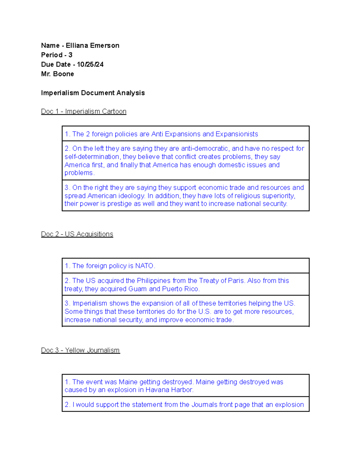 Imperialism Document Analysis - Answer Sheet - Name - Elliana Emerson Period - 3 Due Date - 10 ...