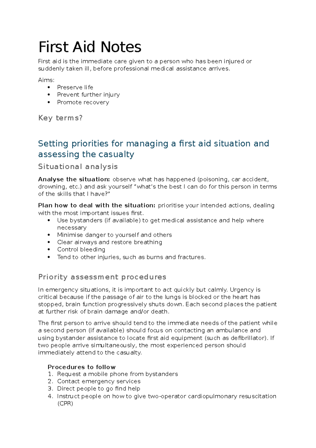First Aid Module Notes: Essential Care Techniques and Procedures - Studocu